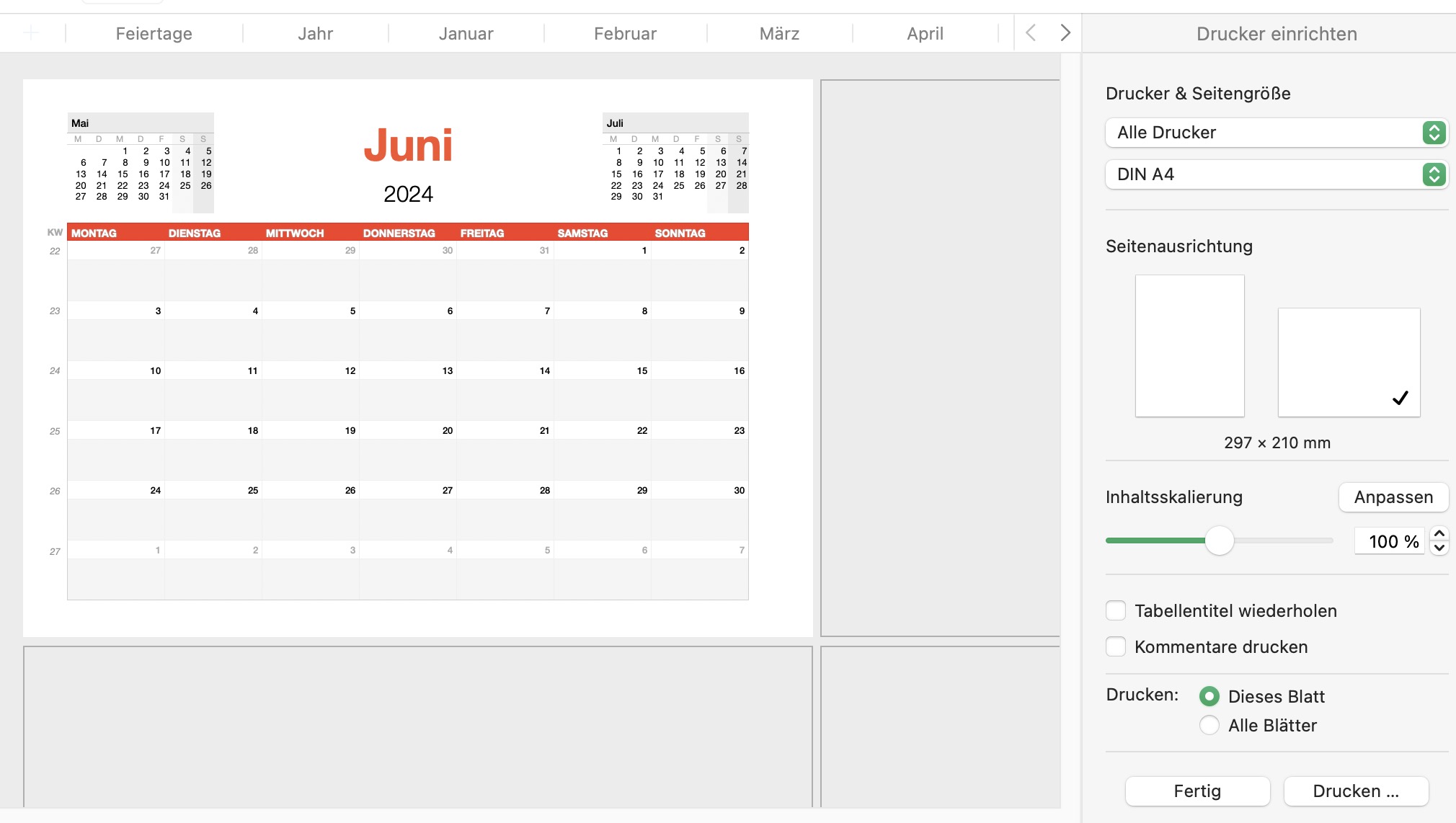 Kalender 2024 Monatsansicht | Numbersvorlagen.de
